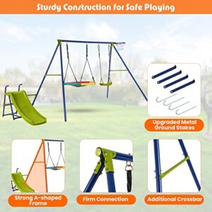 Costzon Swing Sets for Backyard, 4-in-1 Heavy Duty Large Metal Swing Frame w/2 Adjustable Swings, Slide, Basketball Hoop, Play Equipment for Indoor Outdoor Gift Kids 3-12 Years Old