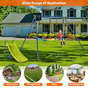 Costzon Swing Sets for Backyard, 4-in-1 Heavy Duty Large Metal Swing Frame w/2 Adjustable Swings, Slide, Basketball Hoop, Play Equipment for Indoor Outdoor Gift Kids 3-12 Years Old