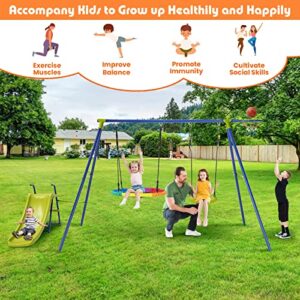 Costzon Swing Sets for Backyard, 4-in-1 Heavy Duty Large Metal Swing Frame w/2 Adjustable Swings, Slide, Basketball Hoop, Play Equipment for Indoor Outdoor Gift Kids 3-12 Years Old