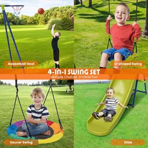 Costzon Swing Sets for Backyard, 4-in-1 Heavy Duty Large Metal Swing Frame w/2 Adjustable Swings, Slide, Basketball Hoop, Play Equipment for Indoor Outdoor Gift Kids 3-12 Years Old