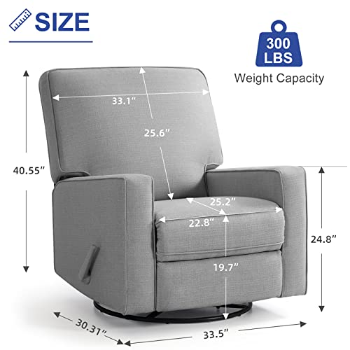 EASELAND Swivel Rocker Recliner Chairs,Large Nursery Glider Chair with Manual Puller,360°Rotation Reclining Glider Chair with Linien Fabric,Modern Lounge Nursery Chair for Living Room,Bedroom (Grey)