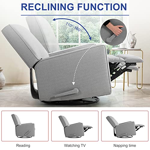 EASELAND Swivel Rocker Recliner Chairs,Large Nursery Glider Chair with Manual Puller,360°Rotation Reclining Glider Chair with Linien Fabric,Modern Lounge Nursery Chair for Living Room,Bedroom (Grey)