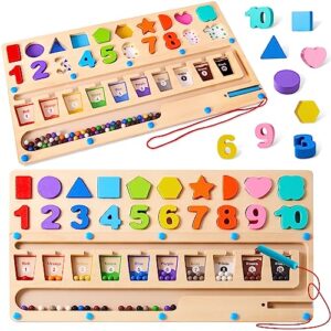 3 in 1 montessori toys for 3+ year old, educational magnetic color and number maze, shape & number wooden puzzle sorting toys for toddlers, preschool learning activities classroom must haves