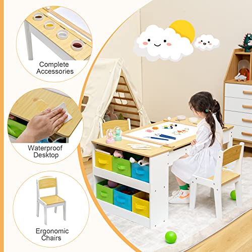 Costzon 2 in 1 Kids Table and Chair Set, Wood Art Table & Easel Set with 2 Chairs, 6 Storage Bins, Paper Roller, Paint Cups for Draw, Write, Play, Arts & Crafts, Toddler Table and Chair Set (Natural)