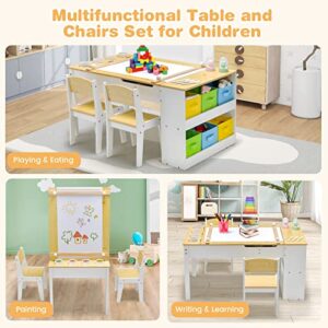 Costzon 2 in 1 Kids Table and Chair Set, Wood Art Table & Easel Set with 2 Chairs, 6 Storage Bins, Paper Roller, Paint Cups for Draw, Write, Play, Arts & Crafts, Toddler Table and Chair Set (Natural)