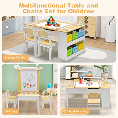 Costzon 2 in 1 Kids Table and Chair Set, Wood Art Table & Easel Set with 2 Chairs, 6 Storage Bins, Paper Roller, Paint Cups for Draw, Write, Play, Arts & Crafts, Toddler Table and Chair Set (Natural)