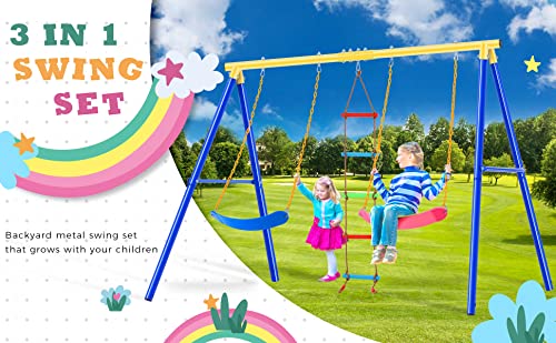 EMKK Outdoor Toddler Swing Set for Backyard, Playground Swing Sets with Climbing Ladder, Swing and Climbing Playset for Kids