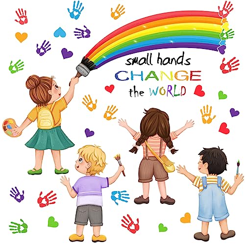 2Pcs Rainbow Wall Decals, Wall Stickers for Kids Inspirational Quotes Small Hands Change The World Playroom School Classroom Nursery Preschool Wall Stickers Girls Bedroom Wall Stickers Decor