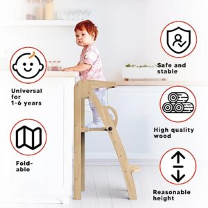 Toddler Step Stool, Folding Wooden Step Stool, Montessori Learning Tower, Kids Step Stool Toddler Tower, Kitchen Helper Stool for Toddlers, Toddler Tower Step Stool Kitchen Helper Standing Tower