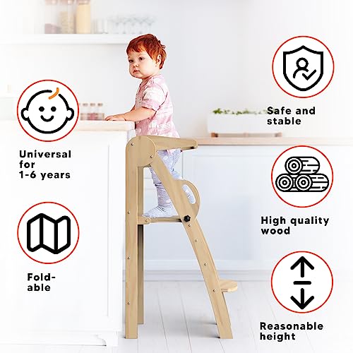 Toddler Step Stool, Folding Wooden Step Stool, Montessori Learning Tower, Kids Step Stool Toddler Tower, Kitchen Helper Stool for Toddlers, Toddler Tower Step Stool Kitchen Helper Standing Tower