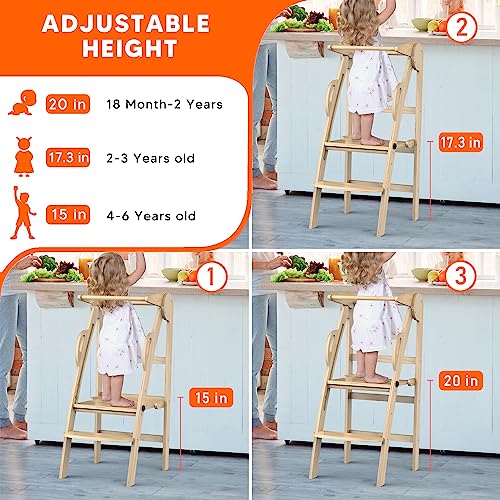 Toddler Step Stool, Folding Wooden Step Stool, Montessori Learning Tower, Kids Step Stool Toddler Tower, Kitchen Helper Stool for Toddlers, Toddler Tower Step Stool Kitchen Helper Standing Tower