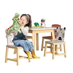 YUNLife&Home 5-Piece Kiddy Kitchen and Dining Room Furniture, Cartoon Animals Wood Table with 4 Chairs Sets for Kids Toddlers Girls Boys, 23.6'' W x 23.6'' D x 19.7'' H, White