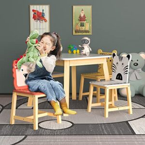 YUNLife&Home 5-Piece Kiddy Kitchen and Dining Room Furniture, Cartoon Animals Wood Table with 4 Chairs Sets for Kids Toddlers Girls Boys, 23.6'' W x 23.6'' D x 19.7'' H, White