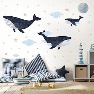 olmixa watercolor whale wall decal, sea animal with moon stars clouds wall stickers, vinyl undersea ocean themed wall art for nursery toddler room playroom decor