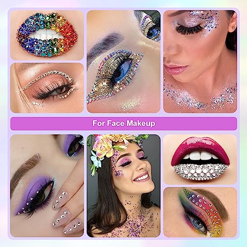 4320pcs Face Gems for Makeup with Glue, 2-5mm Colorful Beads & 2.4-6mm Round Glass Crystal AB & Clear Gems & 4 Colors Cosmetic Chunky Glitter with Dotting Tools, Eye Jewels for Body Make-up, Nail Art