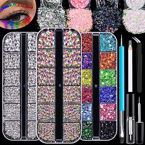 4320pcs Face Gems for Makeup with Glue, 2-5mm Colorful Beads & 2.4-6mm Round Glass Crystal AB & Clear Gems & 4 Colors Cosmetic Chunky Glitter with Dotting Tools, Eye Jewels for Body Make-up, Nail Art