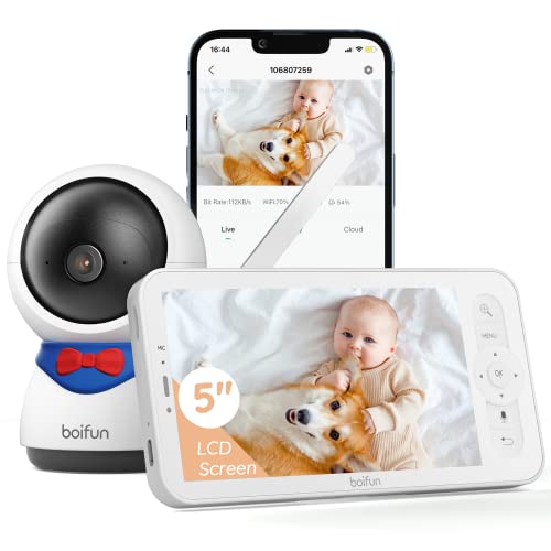 BOIFUN 5" Video Baby Monitor, 1080P Baby Monitor Via App and Screen Control, Record & Playback, Temper & Humidity Sensor, Night Vision, 2-Way Audio, Cry & Motion Detection, with Wall Mount Base