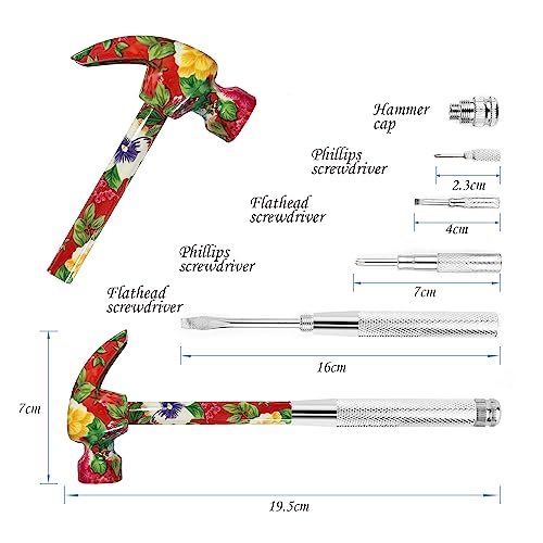 6 in 1 Flower Hammer & Screwdriver Tool, All In One Screwdriver Hammer Tools Set with Screwdriver, Best Gift for Birthday Valentine's Mother's day Christmas Thanksgiving Halloween(Red)