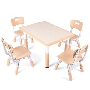 doreroom height-adjustable kids table and 4 chairs set, toddler table and chair set with graffiti desktop, 31.5''l x 23.6''w children activity table for daycare, classroom, home