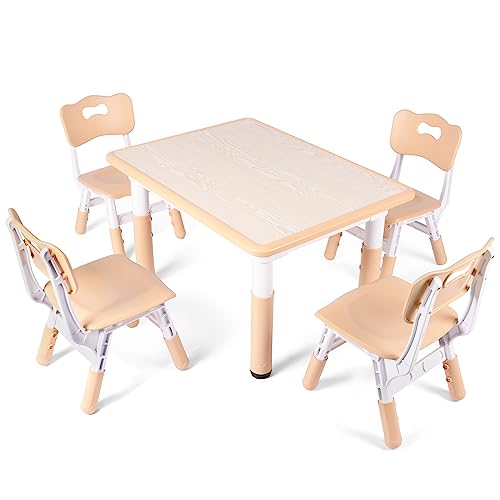 DOREROOM Height-Adjustable Kids Table and 4 Chairs Set, Toddler Table and Chair Set with Graffiti Desktop, 31.5''L x 23.6''W Children Activity Table for Daycare, Classroom, Home