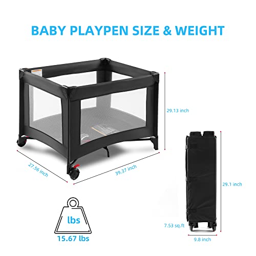 Portable Baby Playpen, Xhakchik Foldable Toddler Playard, One-Press Open Black Crib with Soft Mat and Mesh Sides for Safety and Comfort - Lightweight Travel Crib Playpen for Babies and Toddlers