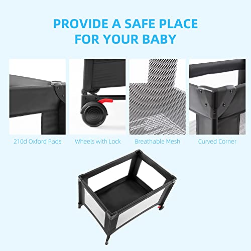 Portable Baby Playpen, Xhakchik Foldable Toddler Playard, One-Press Open Black Crib with Soft Mat and Mesh Sides for Safety and Comfort - Lightweight Travel Crib Playpen for Babies and Toddlers