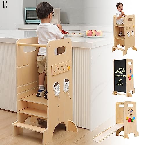 Learning Tower, JUZBOT 4 in 1 Toddler Tower Kitchen Stool Helper Wooden Height Adjustable Standing Tower for Kitchen Counter with Slide, High Chair, Chalkboard Montessori Activities