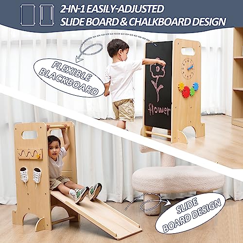 Learning Tower, JUZBOT 4 in 1 Toddler Tower Kitchen Stool Helper Wooden Height Adjustable Standing Tower for Kitchen Counter with Slide, High Chair, Chalkboard Montessori Activities