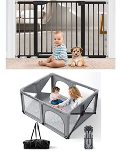 yacul 29.3"-51.5" stair gate black & foldable baby playpen with carry bag, lightweight play pen for babies and toddlers easy to assemble or disassemble, 59x47x28 inches