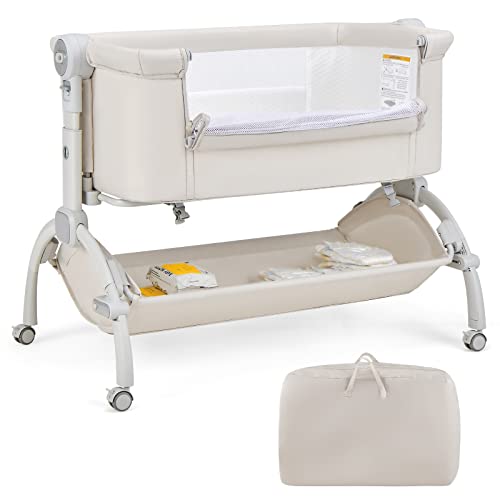 HONEY JOY Portable Baby Bassinet, 3-in-1 Bedside Sleeper Cradle w/Soft Mattress & Storage Basket, Newborn Infant Travel Crib w/ 7-Level Adjustable Height, 4 Lockable Wheels & Carry Bag (Beige)