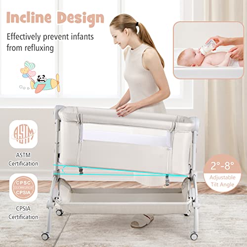 HONEY JOY Portable Baby Bassinet, 3-in-1 Bedside Sleeper Cradle w/Soft Mattress & Storage Basket, Newborn Infant Travel Crib w/ 7-Level Adjustable Height, 4 Lockable Wheels & Carry Bag (Beige)