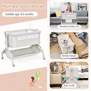 HONEY JOY Portable Baby Bassinet, 3-in-1 Bedside Sleeper Cradle w/Soft Mattress & Storage Basket, Newborn Infant Travel Crib w/ 7-Level Adjustable Height, 4 Lockable Wheels & Carry Bag (Beige)