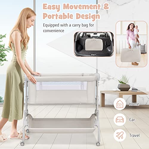 HONEY JOY Portable Baby Bassinet, 3-in-1 Bedside Sleeper Cradle w/Soft Mattress & Storage Basket, Newborn Infant Travel Crib w/ 7-Level Adjustable Height, 4 Lockable Wheels & Carry Bag (Beige)