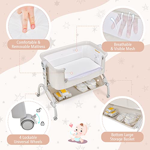 HONEY JOY Portable Baby Bassinet, 3-in-1 Bedside Sleeper Cradle w/Soft Mattress & Storage Basket, Newborn Infant Travel Crib w/ 7-Level Adjustable Height, 4 Lockable Wheels & Carry Bag (Beige)