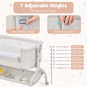 HONEY JOY Portable Baby Bassinet, 3-in-1 Bedside Sleeper Cradle w/Soft Mattress & Storage Basket, Newborn Infant Travel Crib w/ 7-Level Adjustable Height, 4 Lockable Wheels & Carry Bag (Beige)