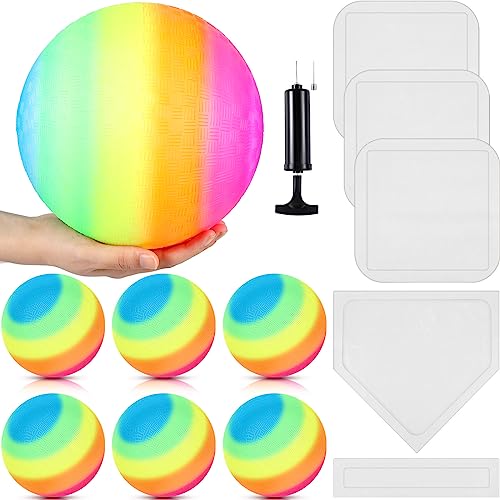 Hiboom 11 Pcs Kickball Set with Bases Playground Ball Dodgeball Set 6 Bouncing Kickballs with Ball Pump and 5 Rubber Baseball Bases for Outdoor Camps Picnic Schoolyard Games (Rainbow, 8.5 Inch)