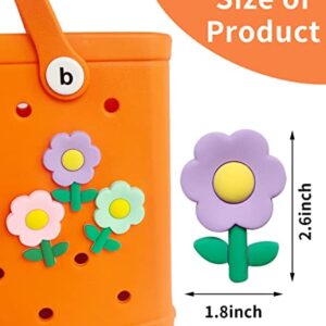 3 PCS Flowers with Leaves Charms for Bogg-Bags Cartoon Flowers Decorative Charms for Tote Bags Plant Accessories for Beach Totes Women Party Favor Gift(Purple Pink and Green)