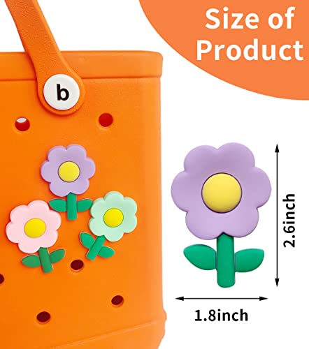 3 PCS Flowers with Leaves Charms for Bogg-Bags Cartoon Flowers Decorative Charms for Tote Bags Plant Accessories for Beach Totes Women Party Favor Gift(Purple Pink and Green)