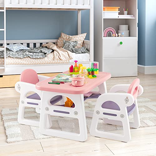 UIIAIOUIAIO Children Kids Table and Chair Set, 3 Pcs Plastic Activity Table for Toddlers w/Building Blocks, Storage Shelf for Reading Drawing Writing Arts Crafts, Toddler Table and Chair Set(Pink)