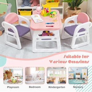 UIIAIOUIAIO Children Kids Table and Chair Set, 3 Pcs Plastic Activity Table for Toddlers w/Building Blocks, Storage Shelf for Reading Drawing Writing Arts Crafts, Toddler Table and Chair Set(Pink)