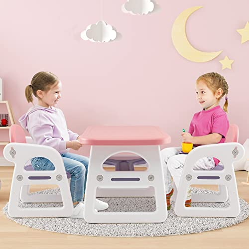 UIIAIOUIAIO Children Kids Table and Chair Set, 3 Pcs Plastic Activity Table for Toddlers w/Building Blocks, Storage Shelf for Reading Drawing Writing Arts Crafts, Toddler Table and Chair Set(Pink)