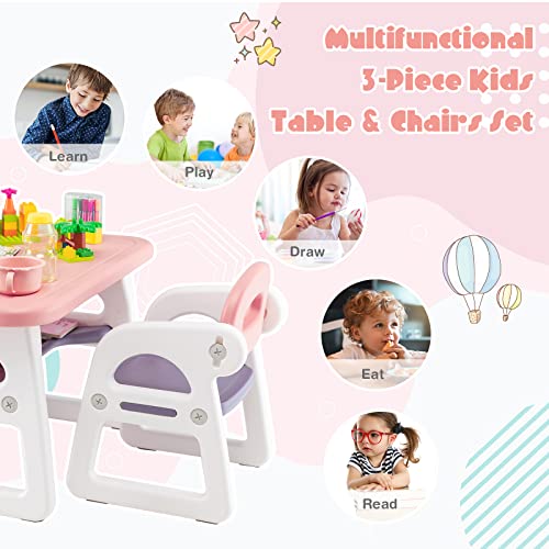 UIIAIOUIAIO Children Kids Table and Chair Set, 3 Pcs Plastic Activity Table for Toddlers w/Building Blocks, Storage Shelf for Reading Drawing Writing Arts Crafts, Toddler Table and Chair Set(Pink)