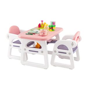 UIIAIOUIAIO Children Kids Table and Chair Set, 3 Pcs Plastic Activity Table for Toddlers w/Building Blocks, Storage Shelf for Reading Drawing Writing Arts Crafts, Toddler Table and Chair Set(Pink)