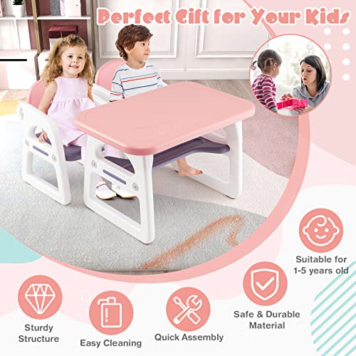 UIIAIOUIAIO Children Kids Table and Chair Set, 3 Pcs Plastic Activity Table for Toddlers w/Building Blocks, Storage Shelf for Reading Drawing Writing Arts Crafts, Toddler Table and Chair Set(Pink)