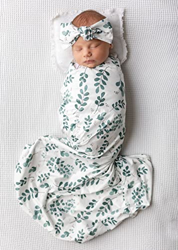 Vollmic Newborn Baby Girl Baby Boy Unisex Receiving Blanket Swaddle Blanket Swaddle Set with Matching Headband and Hat (Green)