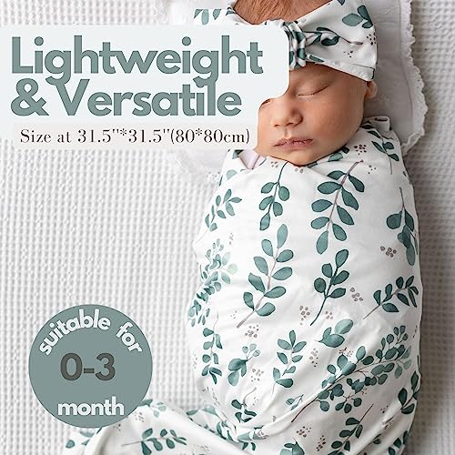 Vollmic Newborn Baby Girl Baby Boy Unisex Receiving Blanket Swaddle Blanket Swaddle Set with Matching Headband and Hat (Green)