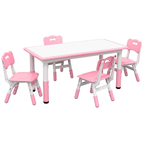 Qaba Kids Table and Chair Set with 4 Chairs, Adjustable Height, Easy to Clean Table Surface, for 1.5-5 Years Old, Pink