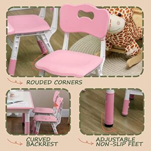 Qaba Kids Table and Chair Set with 4 Chairs, Adjustable Height, Easy to Clean Table Surface, for 1.5-5 Years Old, Pink