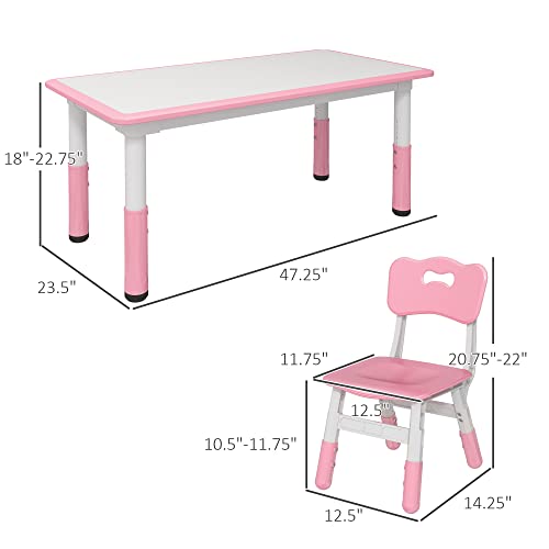 Qaba Kids Table and Chair Set with 4 Chairs, Adjustable Height, Easy to Clean Table Surface, for 1.5-5 Years Old, Pink