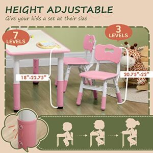 Qaba Kids Table and Chair Set with 4 Chairs, Adjustable Height, Easy to Clean Table Surface, for 1.5-5 Years Old, Pink